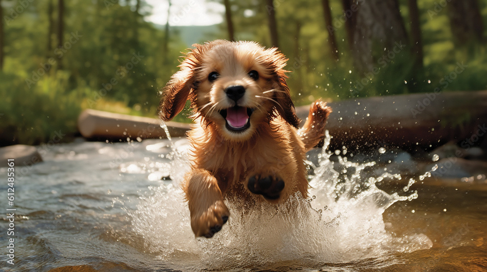 A gleeful puppy caught mid-splash in a shallow river, its infectious ...