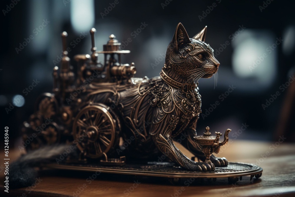 Feline with steam-powered metal parts and Victorian attire. Generative ...