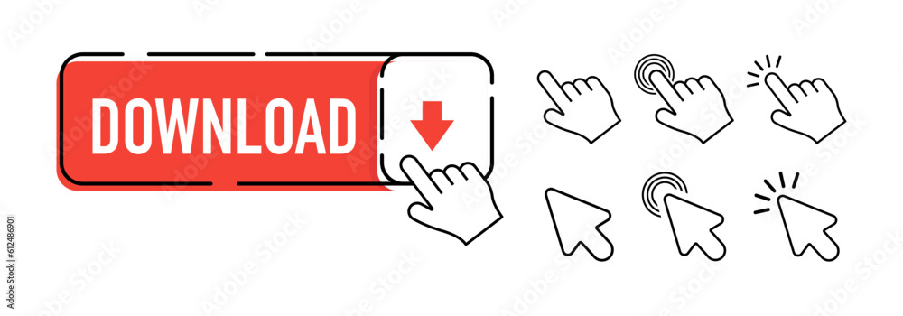 Download button isolated on white background.Flat finger cursor and ...