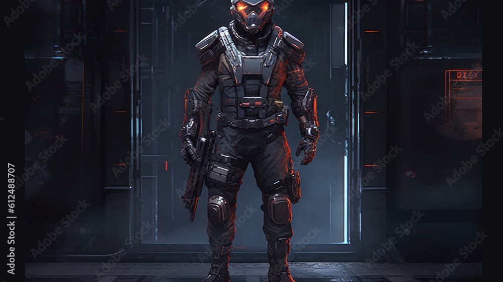 Illustrate a rugged cybernetic mercenary equipped with advanced ...