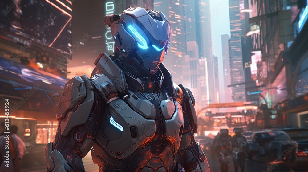 Illustrate a rugged cybernetic mercenary equipped with advanced ...