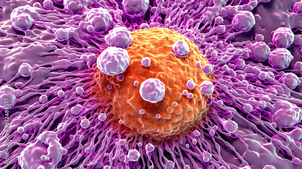 oncology, cancerous cell in biological tissue under a microscope made ...