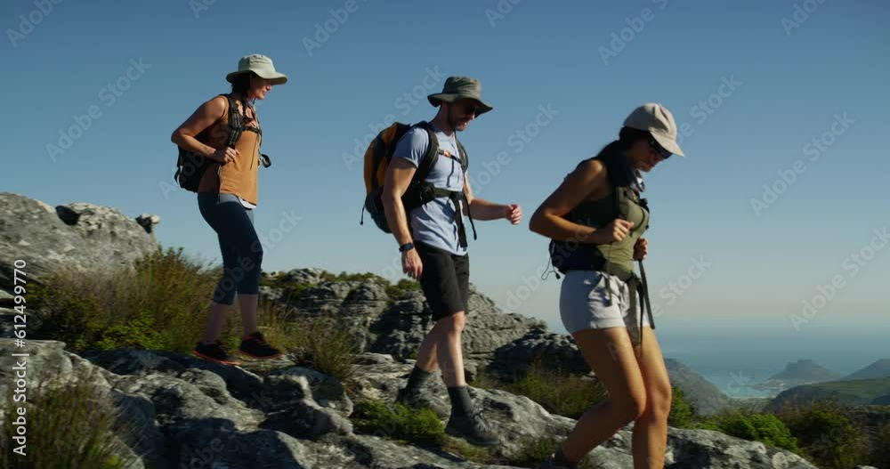 Hiking, success and friends high five on mountain for training freedom ...
