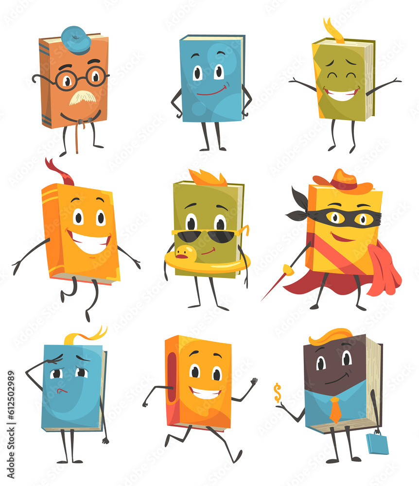 Books characters set. Cute cartoon faces with different emotions and in ...