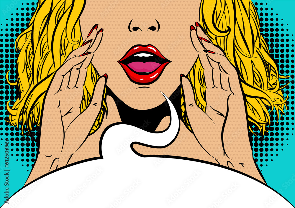 Comic book girl. Pop art female face with blonde hair and open mouth ...