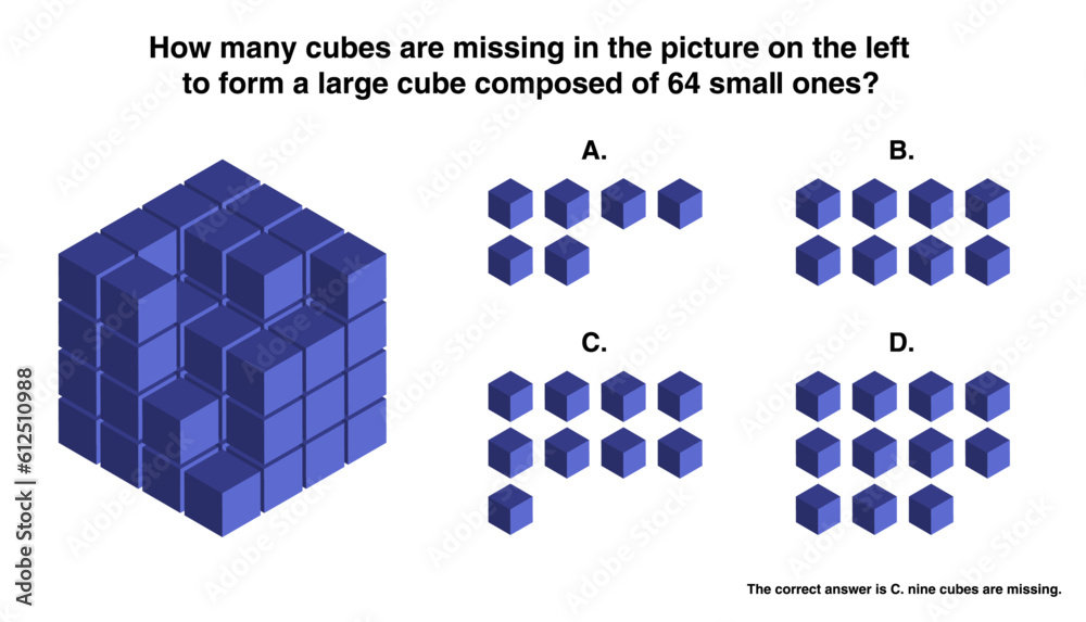 Vetor de IQ abstract logical reasoning question. How many cubes are missing in the picture on ...