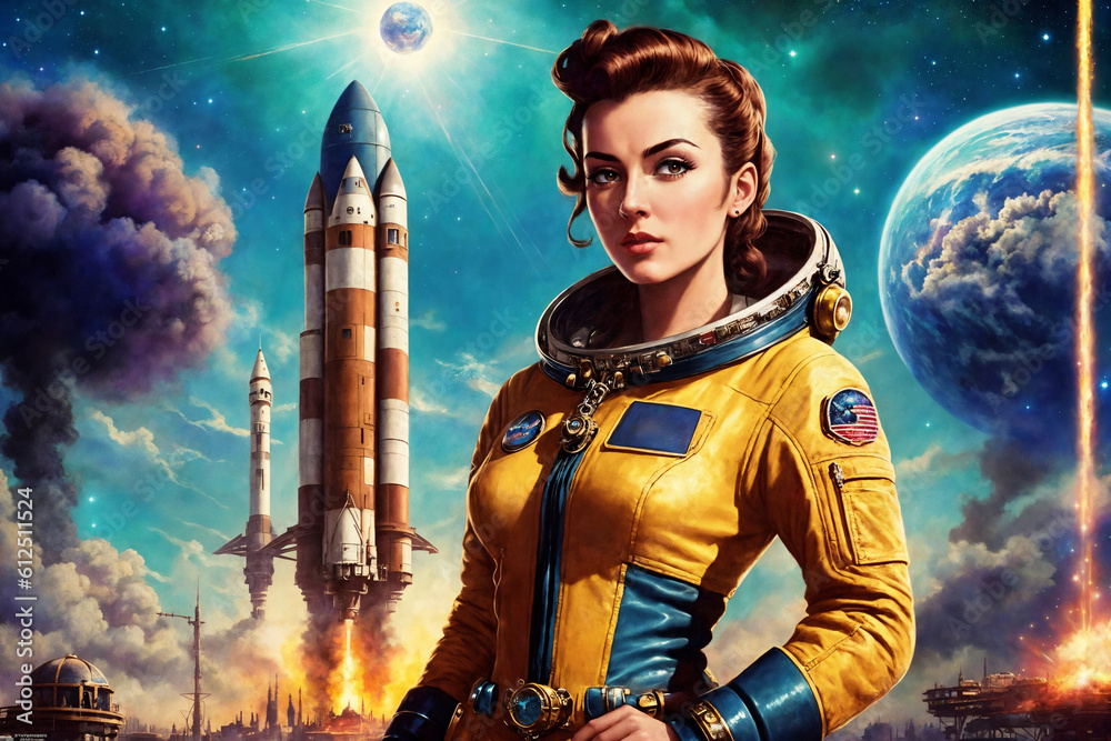 Portrait of a beautiful woman as an astronaut, space theme in the retro ...