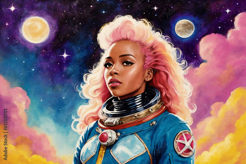 Portrait of a beautiful woman as an astronaut, space theme in the retro ...