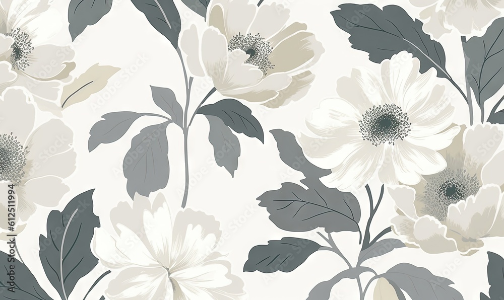 a white and gray floral wallpaper with leaves and flowers on it's sides ...