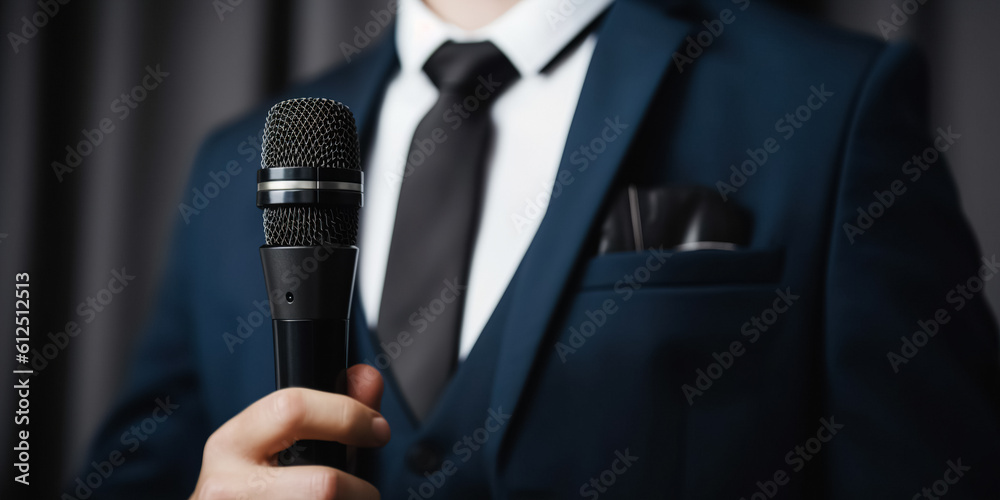 Motivational male speaker with microphone performing on stage. Close-up ...