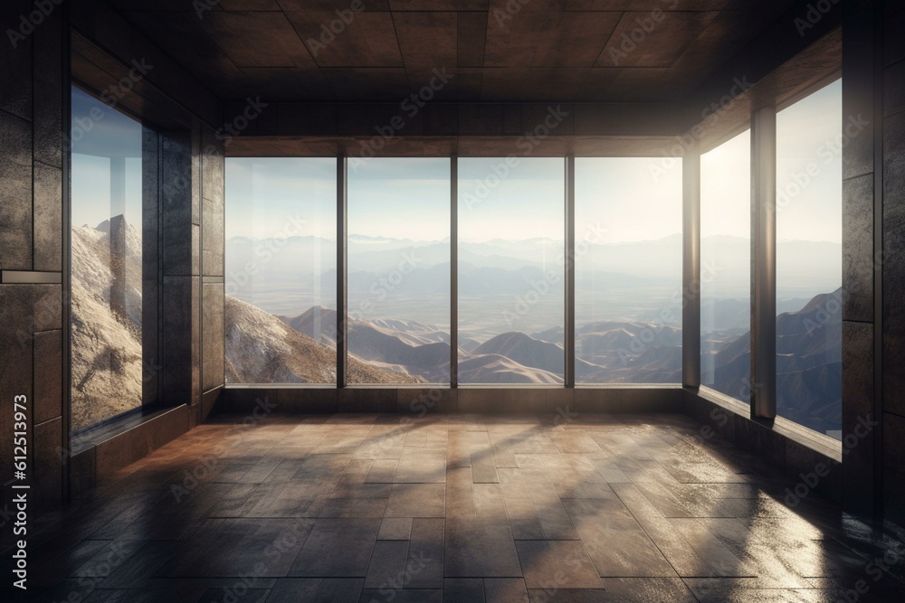 Drawing of a cubic room with panoramic mountain vistas, generated ...