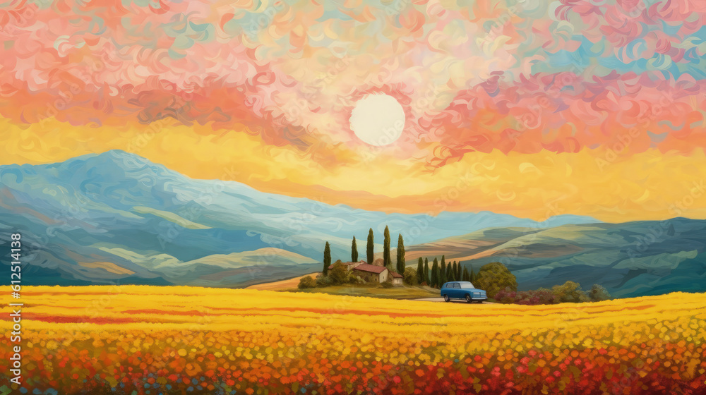 Painting capturing the breathtaking beauty of a sunset over Tuscany.The ...