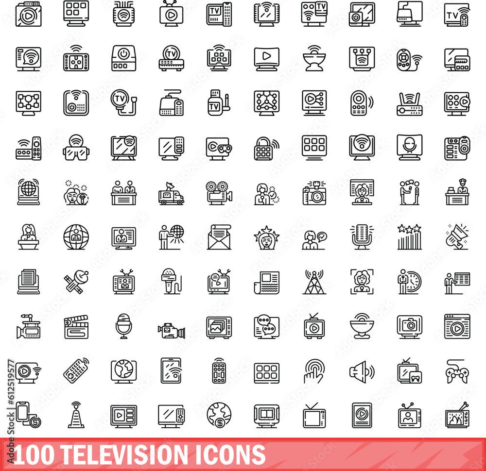 100 television icons set. Outline illustration of 100 television icons vector set isolated on ...