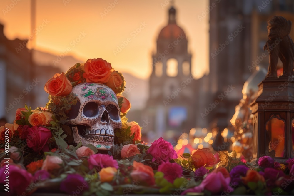 La Santa Muerte. Mexican Skull adorned with flowers. Calavera Grim ...