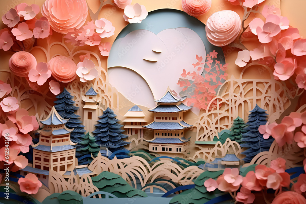 Paper cut art design. Japanese nature and architecture landscape made ...