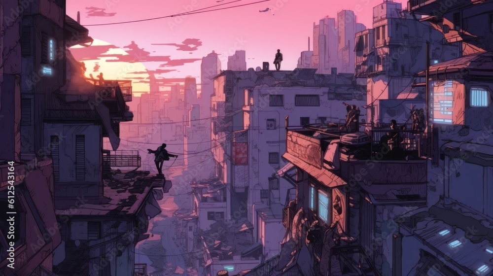 Rooftops of a sprawling cyberpunk city, showcasing characters leaping ...