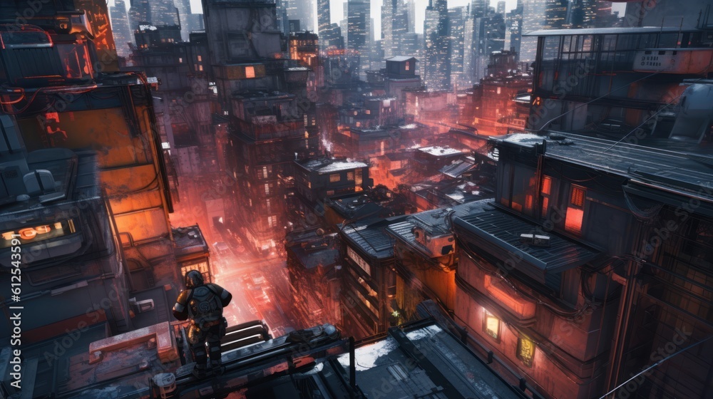 Rooftops of a sprawling cyberpunk city, showcasing characters leaping ...