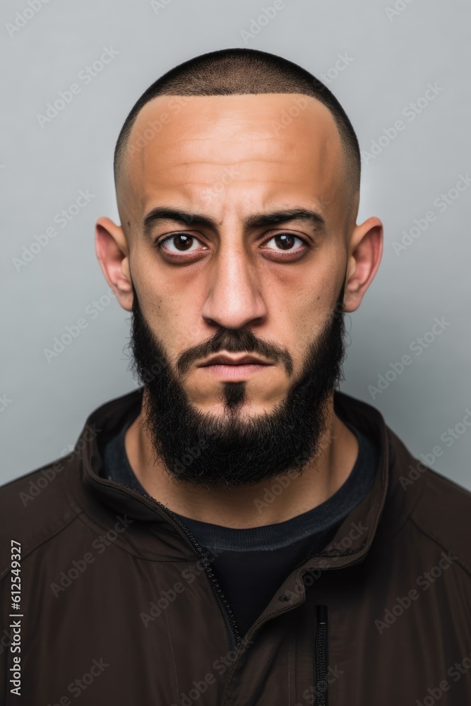 portrait mugshot of a Serious Middle eastern man looking at the camera ...