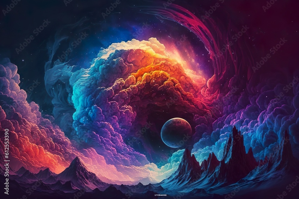 Abstract graphic design, a glorious galaxy rise from the surface of an ocean planet, dynamic ...