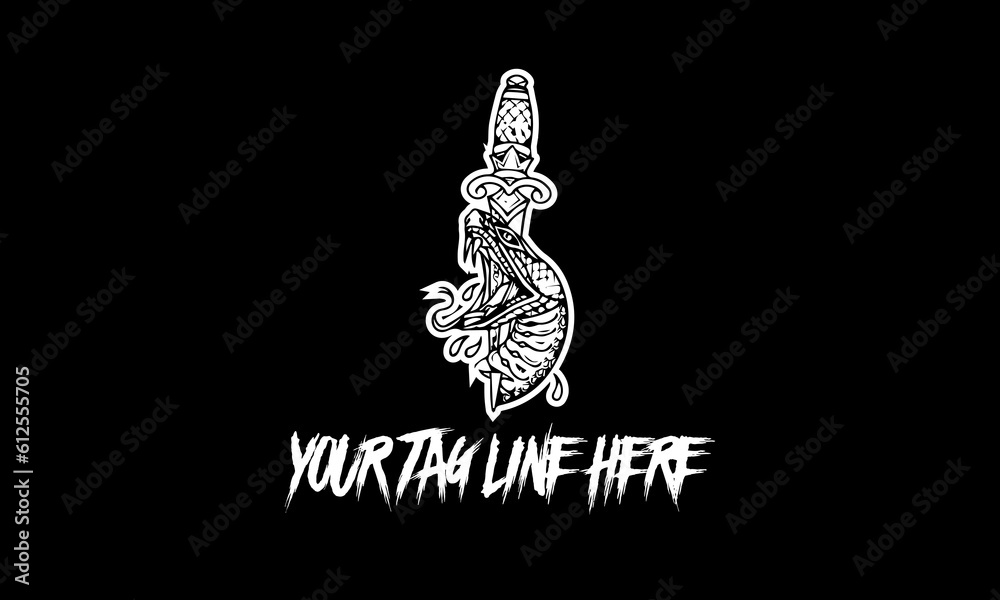 Vector design artwork logo of snake with sword in black and white with ...