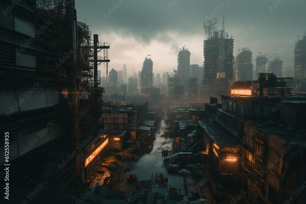 ภาพประกอบสต็อก Dystopian high-rises: a sci-fi cityscape influenced by ...