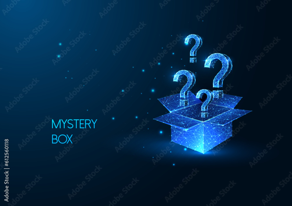 Mystery box, surprise, uncertainty futuristic concept with open box and ...
