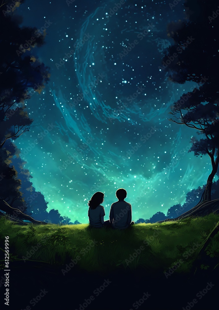 affection couple sitting under stars night sky profile uniform ...