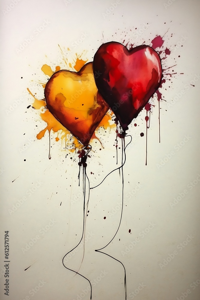 two hearts balloon shape heart ink warm color palette stained bleeding ...