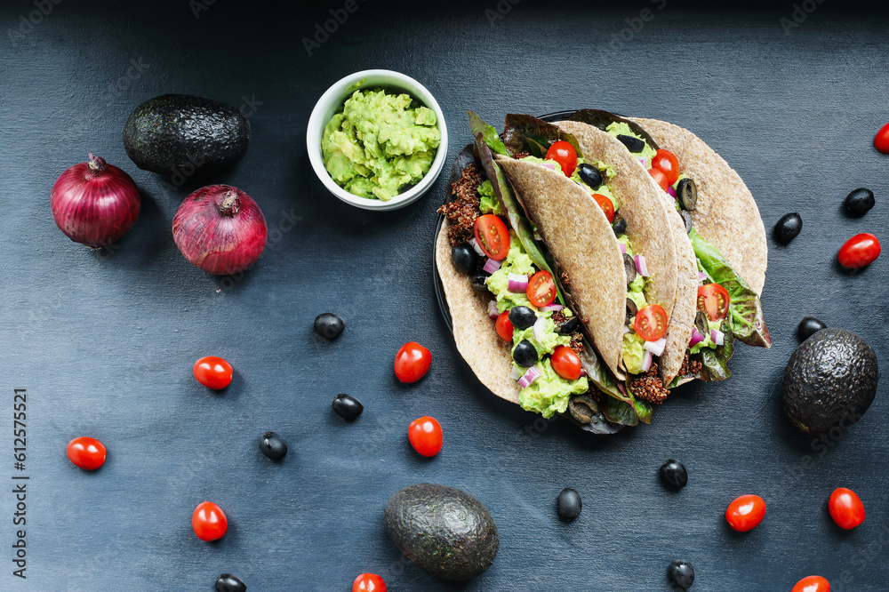 A healthy lunch or dinner of a vegan vegetarian soft shell taco wrap ...