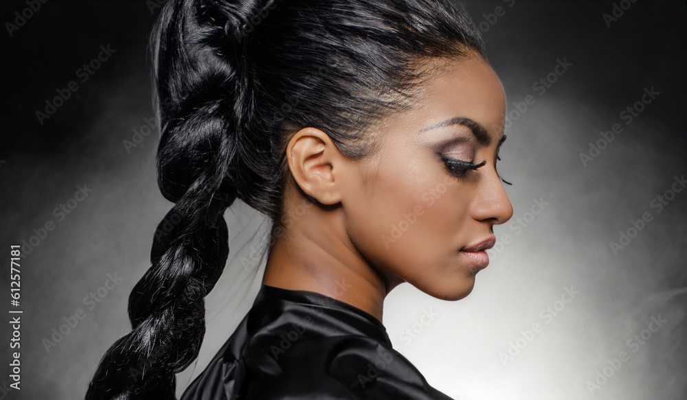Beautiful woman side profile hair pulled back into pony tail Stock ...