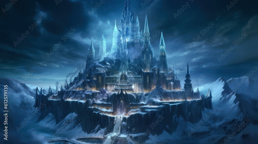 Fantasy Illustration of a Gigantic Ice Citadel in the Mountains ...