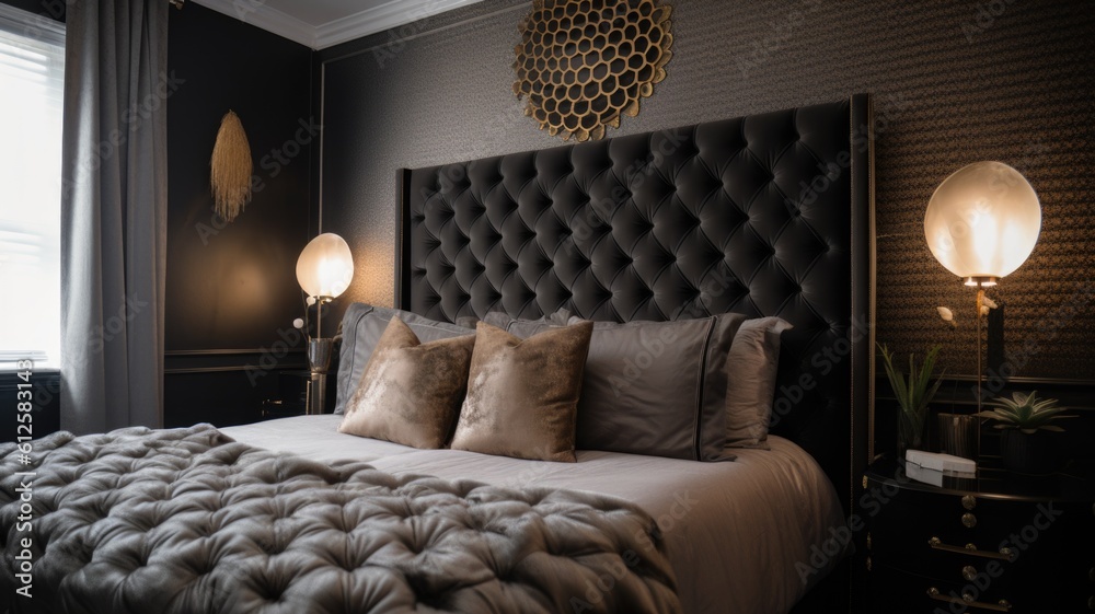 Interior design of Bedroom in Art Deco style with Tufted Headboard ...