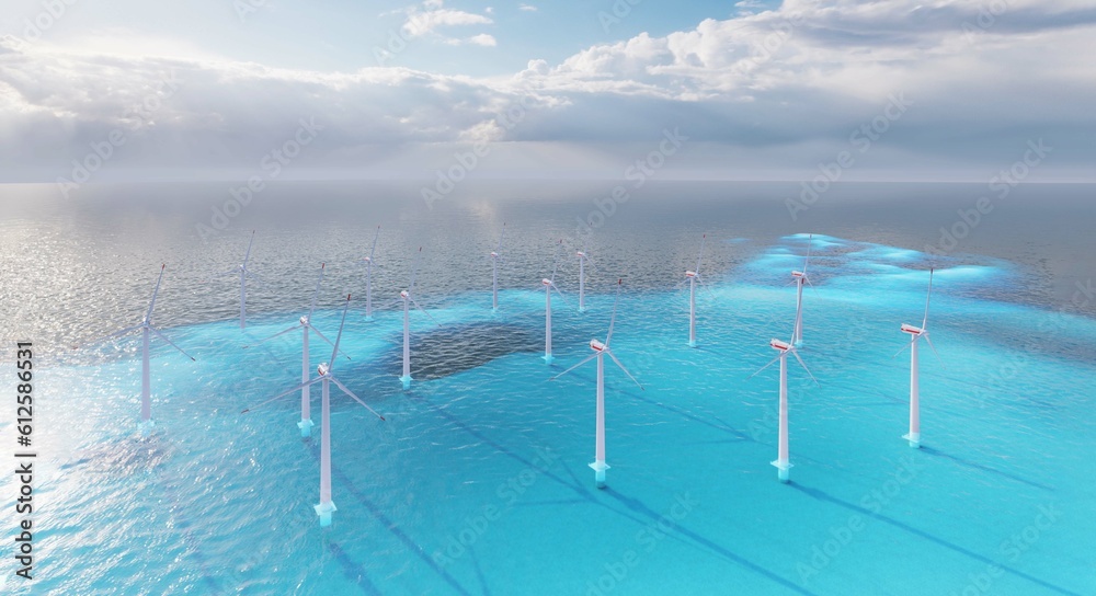 Ocean Wind Farm. Windmill farm in the ocean. Offshore wind turbines in ...