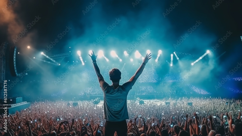 a guy giving music concert performance in a huge crowded stadium arena ...