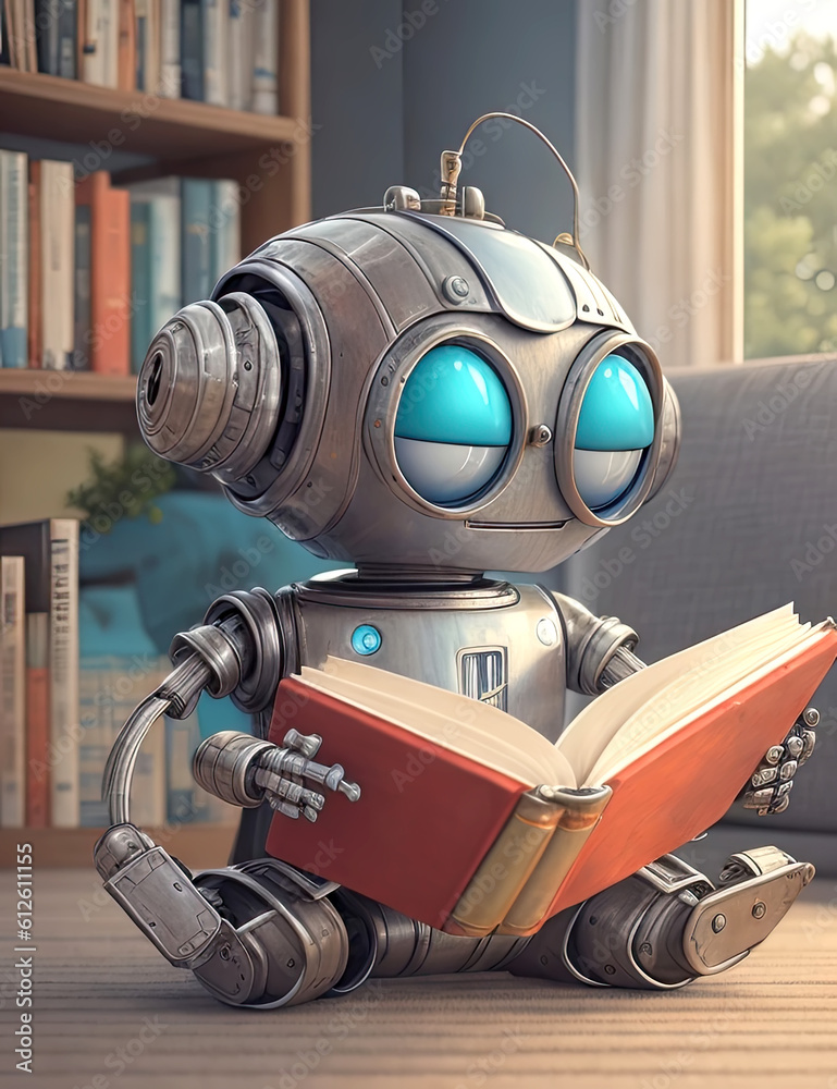 Ilustración de pequeño robot con Inteligencia Artificial, leyendo ...