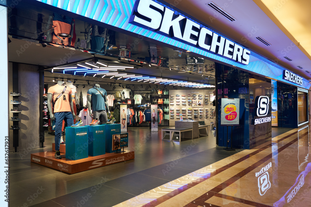 KUALA LUMPUR, MALAYSIA - CIRCA MAY, 2023: entrance to Skechers store at Suria KLCC shopping mall ...