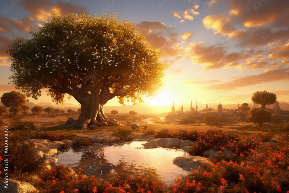 Garden of Eden with Tree of Life, garden at sunset, Generative AI Stock Illustration | Adobe Stock