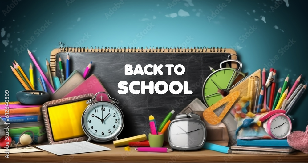 School supplies on blackboard background. Back to school concept. Copy ...
