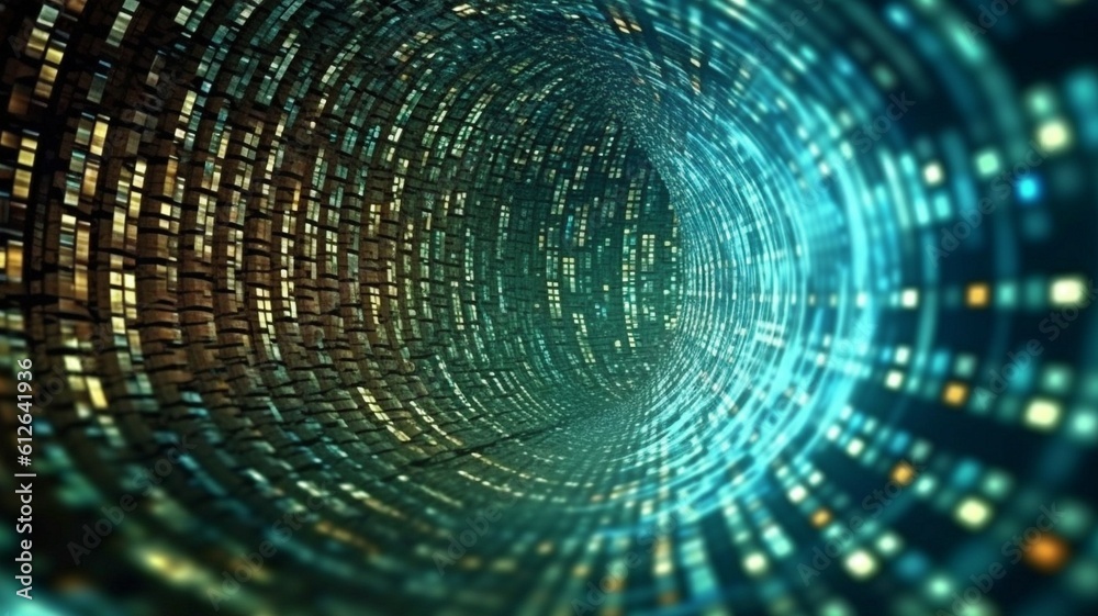 Binary code moving through a vortex in the backdrop with depth of field ...