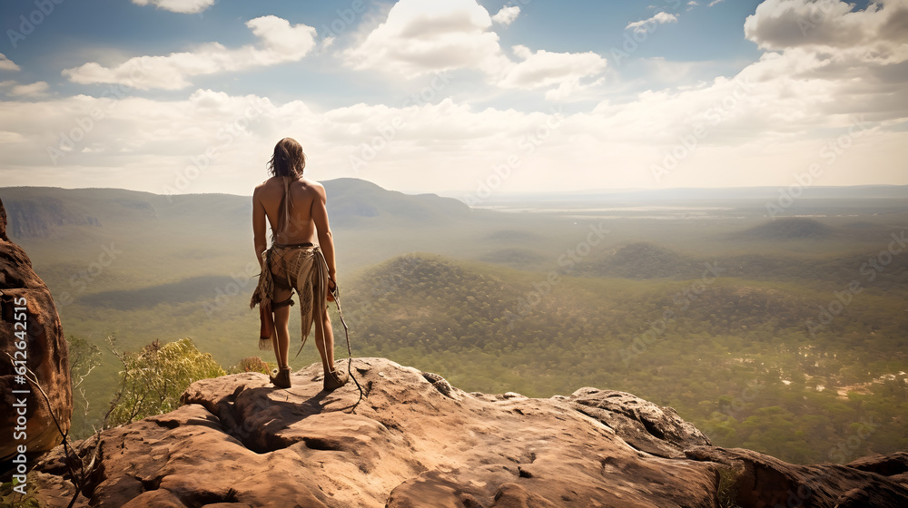 Australian Aboriginal on a mountain, overlooking expansive bushland. An ...