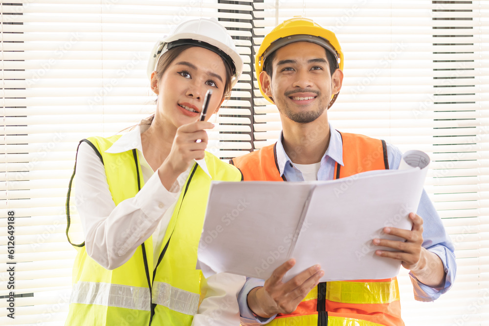 Team architect, colleague builder home, two worker asian wearing safety ...