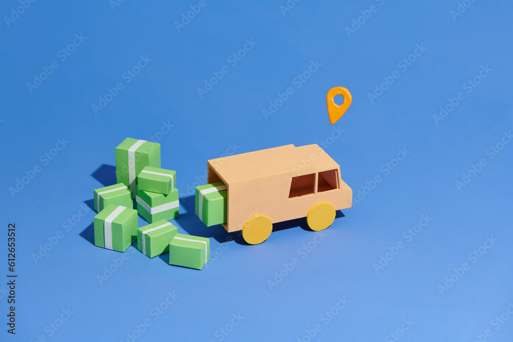 stylized van for delivery with cardboard boxes and location symbol ...
