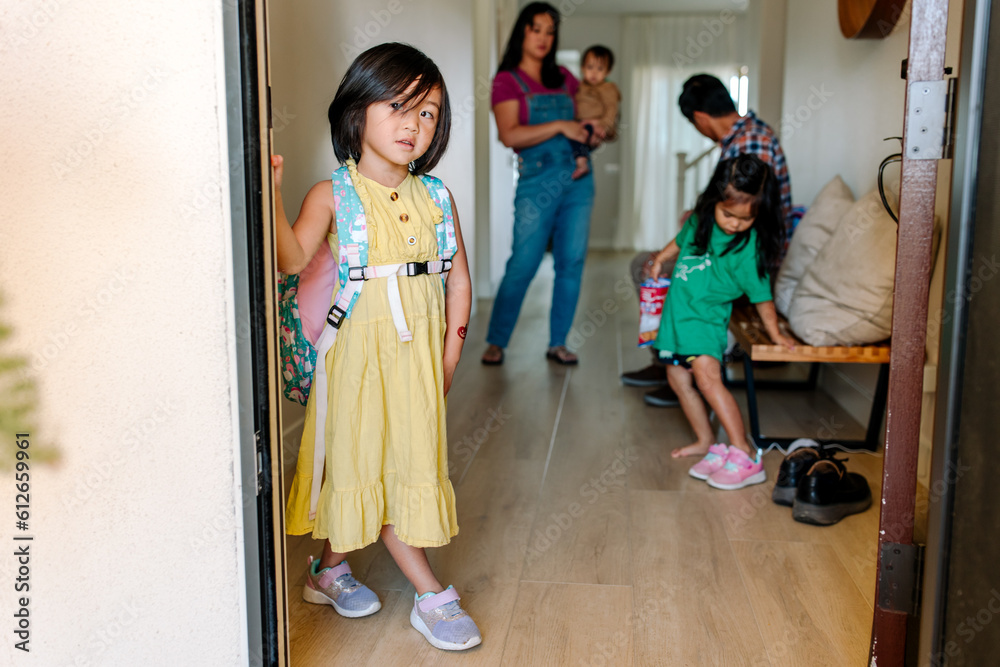 Happy asian family getting ready for a school day at home Stock Photo ...