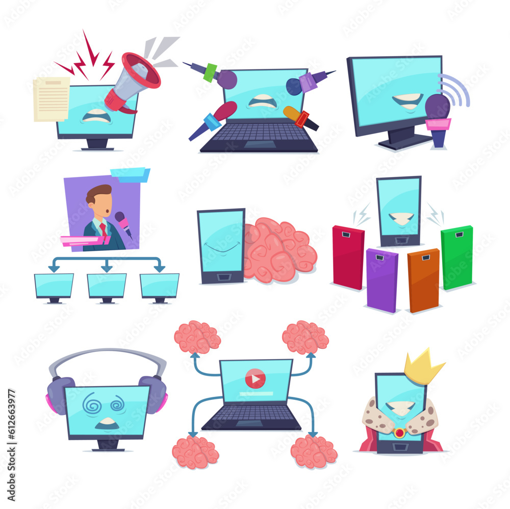Comic computers spreading information vector illustrations set ...