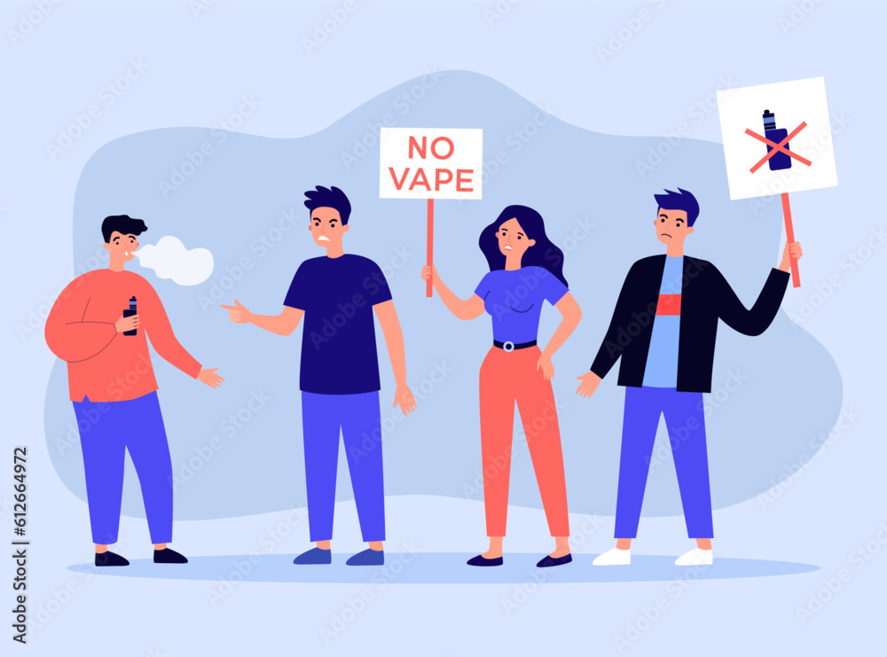 Protesters demanding to ban vaping vector illustration. People with ...