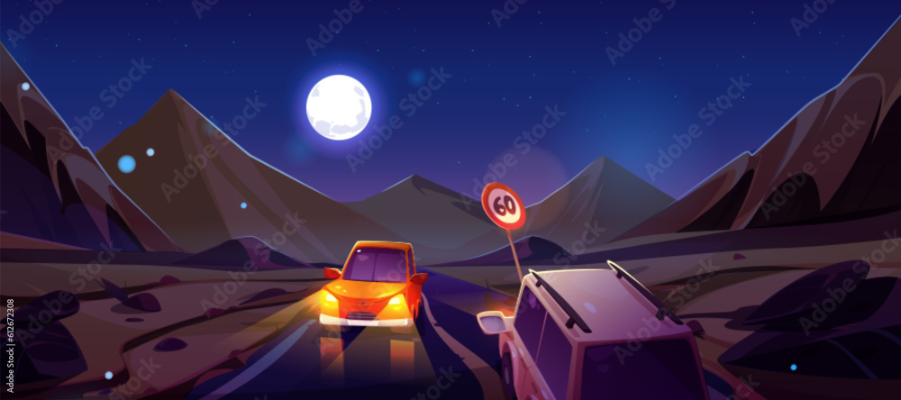 Cars driving night mountain desert road. Vector cartoon illustration ...