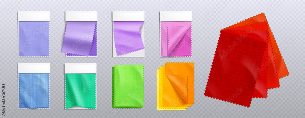 Realistic fabric swatch vector color sample mockup. 3d cloth furniture ...