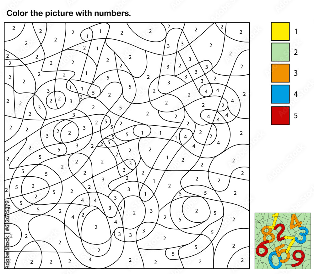 Coloring page with numbers are represented the colors among the black ...