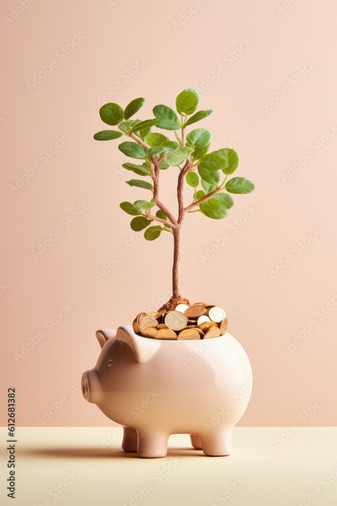 Plant grow from a piggy bank shape flower pot filled with coins ...