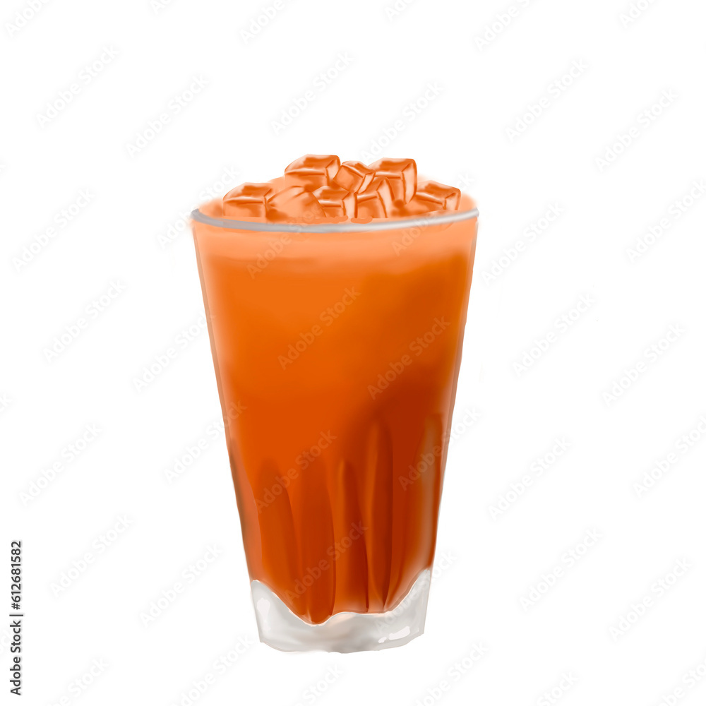 Glass of iced Thai tea draw and paint no background. It is popular ...